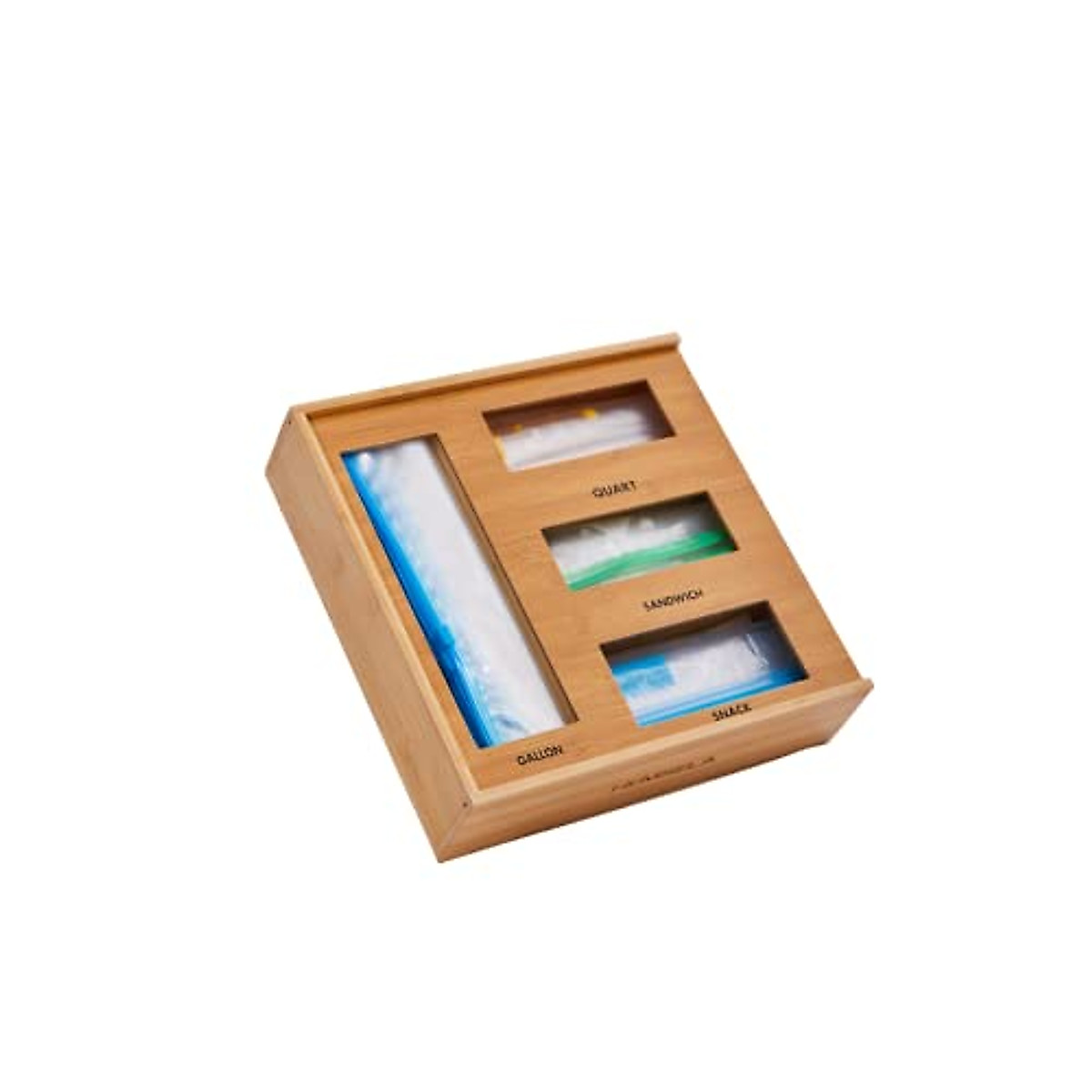 HEMSELA Ziplock Bag Organizer, kitchen drawer organizer with foil and plastic wrap, aluminum foil organizer, ziplock bag dispenser With Cutter, Compatible for Gallon, Quart, Sandwich & Snack (Wooden)