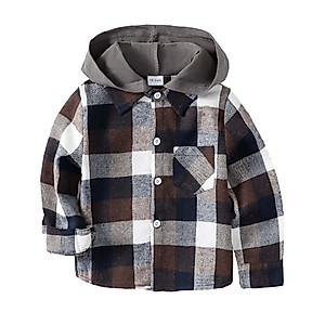 Toddler Boy Girls Clothes Plaid Long Sleeve Shirt Boys Collared Hooded Flannel Shirt Top Fall Jacket Outfits Yellow 2T 3T Button Down Shirt