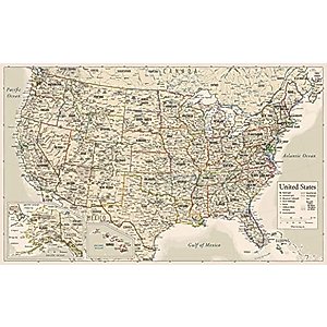 Antique Style USA Map - Wall Chart Map of The United States of America - Made in The USA - Updated (LAMINATED, 18" x 29")