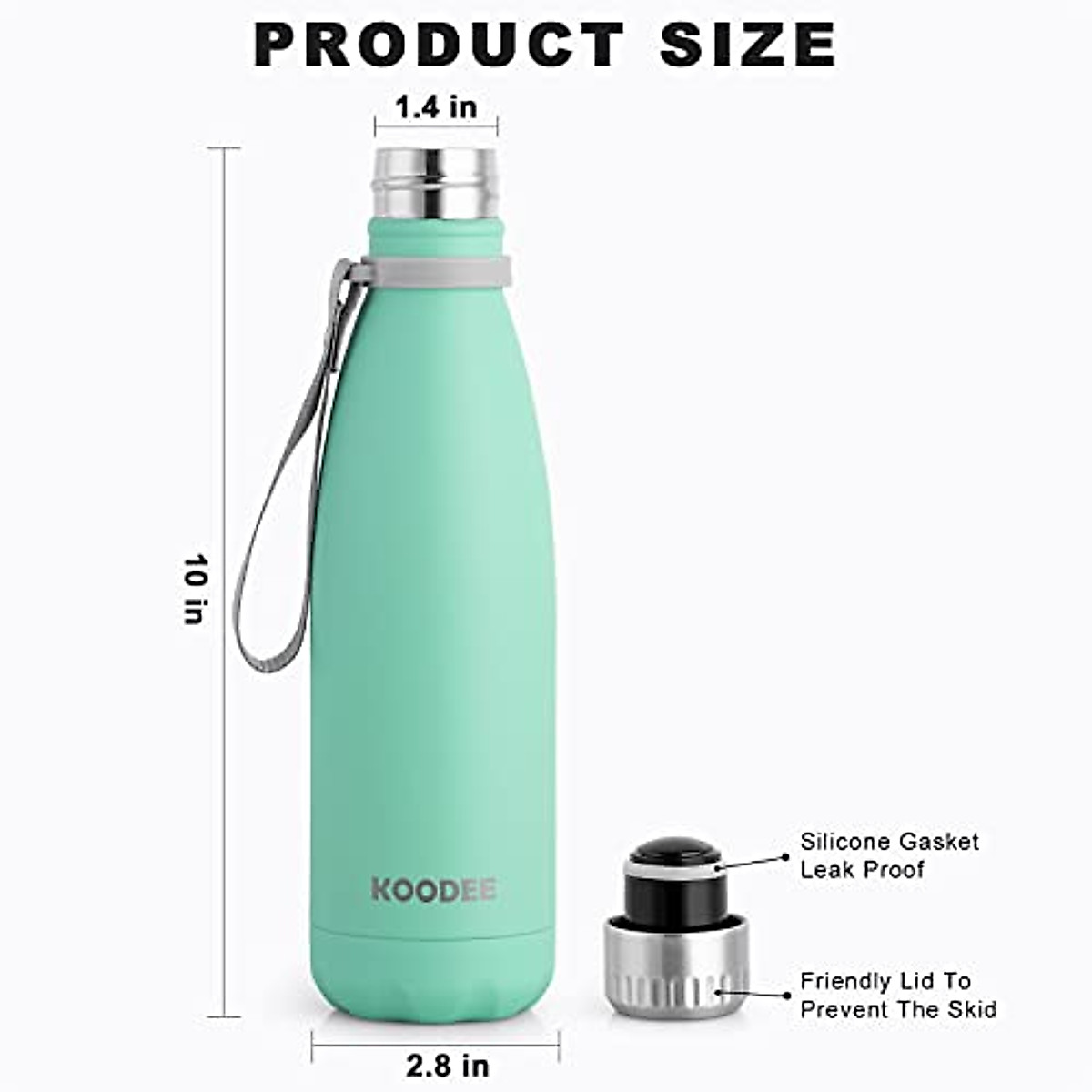 koodee Insulated Water Bottle -17 oz Stainless Steel Double Wall Vacuum Insulated Water Bottle for Back to School, 2 Pack Sports Water Flask Leak Proof (Aquamarine Blue-Sky Blue)