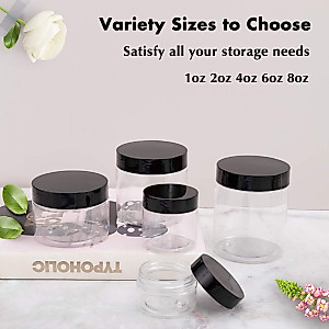 4 oz Plastic Jars with Lids, Round Clear Cosmetic Jars, Wide-mouth Plastic Containers with Inner Liners and Labels for Beauty Products, Makeup, Lotions, Body Scrub, Creams (Black Lid, 6 Pieces)