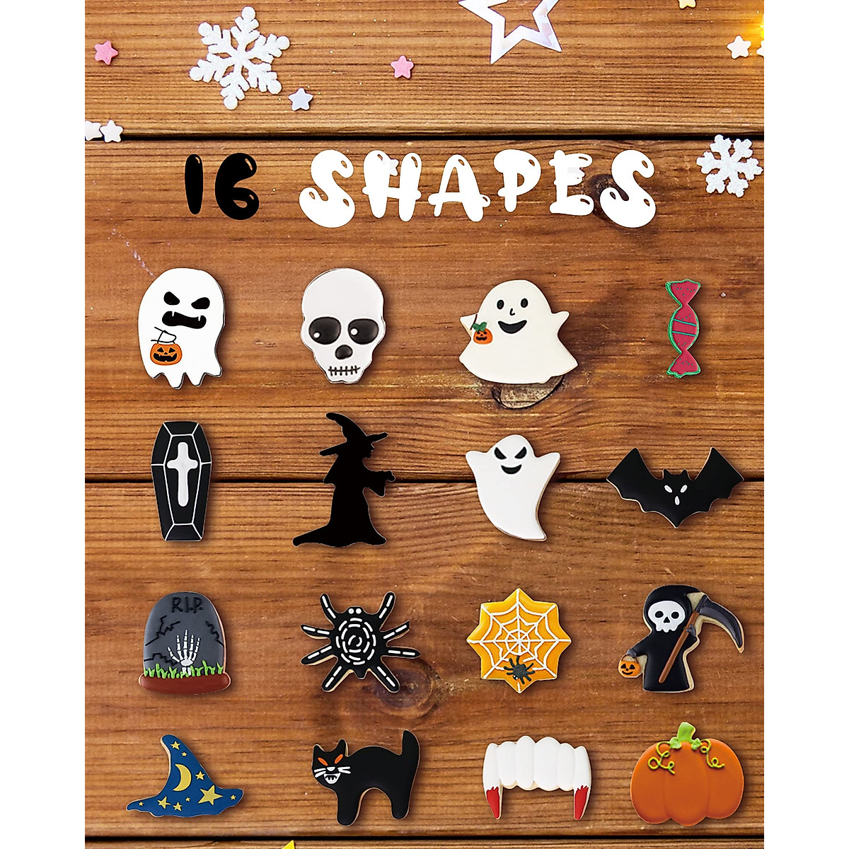 16 Pcs Halloween Cookie Cutters Halloween Set with Decorating Instructions Stainless Steel Pumpkin Witch Hat Cat Bat Skull Ghost Candy Coffin And More