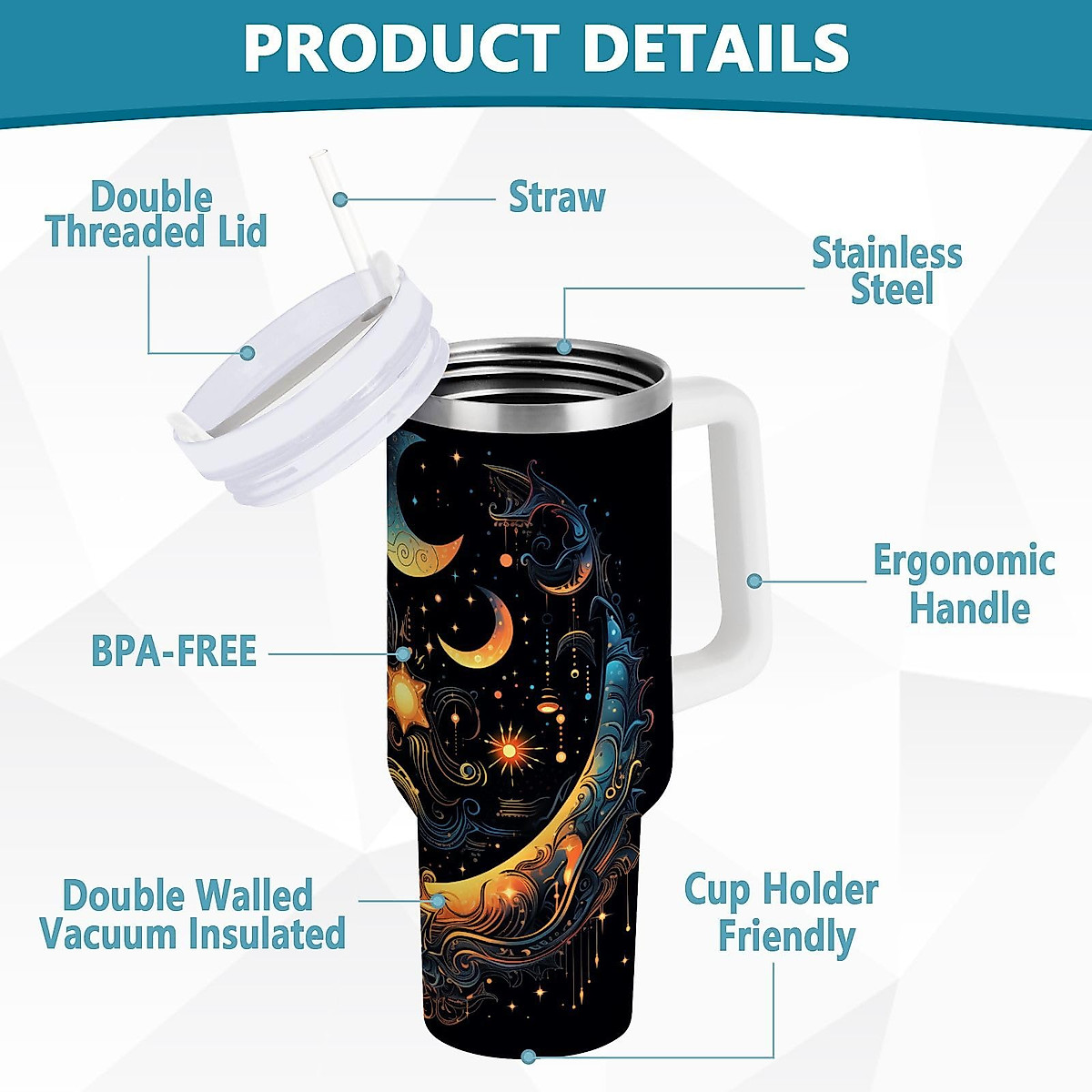ALAZA Sun Moon Stars Alchemy Witchy 40 oz Tumbler Stainless Steel Water Bottle Vacuum Insulated Cup with Straw Lid & Handle For Travel Car Cup Holder