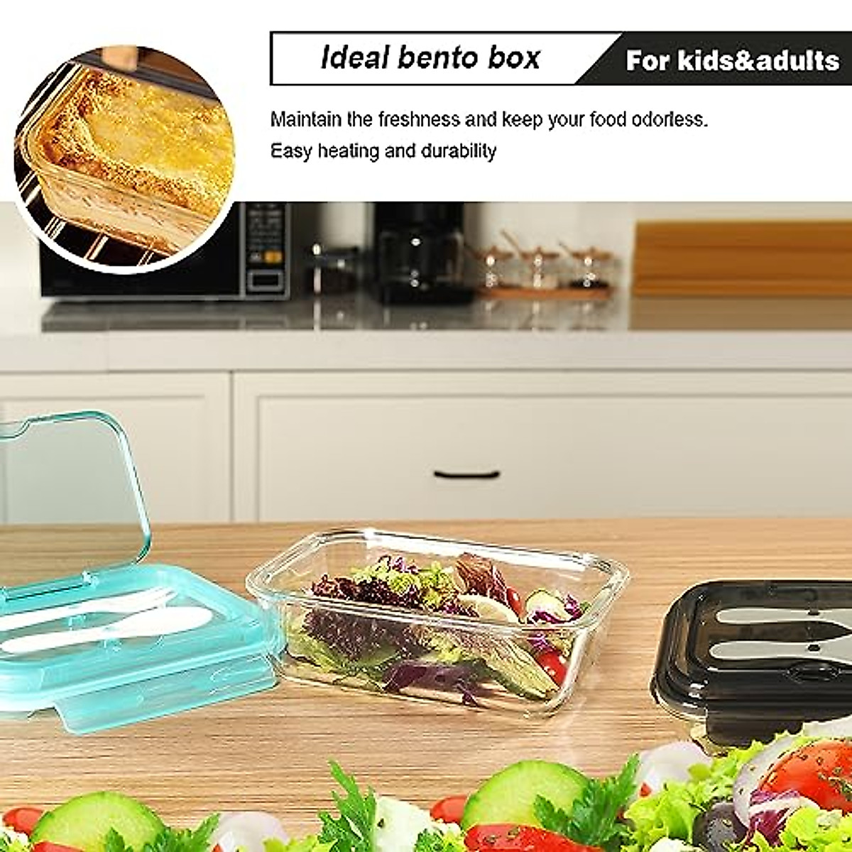 Delight King Lunch-to-Go Glass Baking and Storage Container with Fork and Spoon Compartment Lid, Black