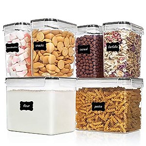 Vtopmart Airtight Food Storage Containers 6 Pieces - Plastic BPA Free Kitchen Pantry Storage Containers for Sugar,Flour and Baking Supplies - Dishwasher Safe - Include 24 Labels, Black
