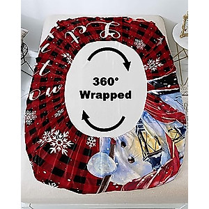 Full Size Fitted Sheet Bed Set Christmas Winter Snowman Cardinal Deep Pocket Soft Bottom Sheets&Pillowcases for Bedroom Decor Red and Black Buffalo Plaid,Fits Mattress Up to 16" Deep