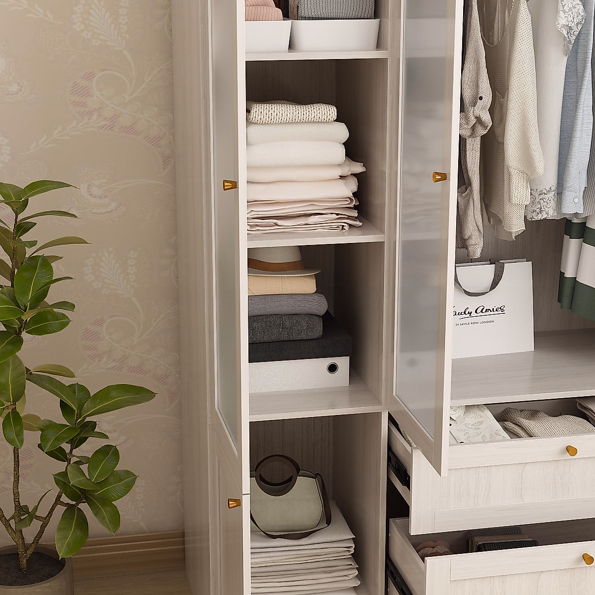 Homsee Extra Large L-Shape Armoire Wardrobe Closet with 6 Frosted Glass Doors, Hanging Bars, Shelves & Drawers, 98.4" L Wooden Closet Storage Cabinet for Bedroom, Warm Grey