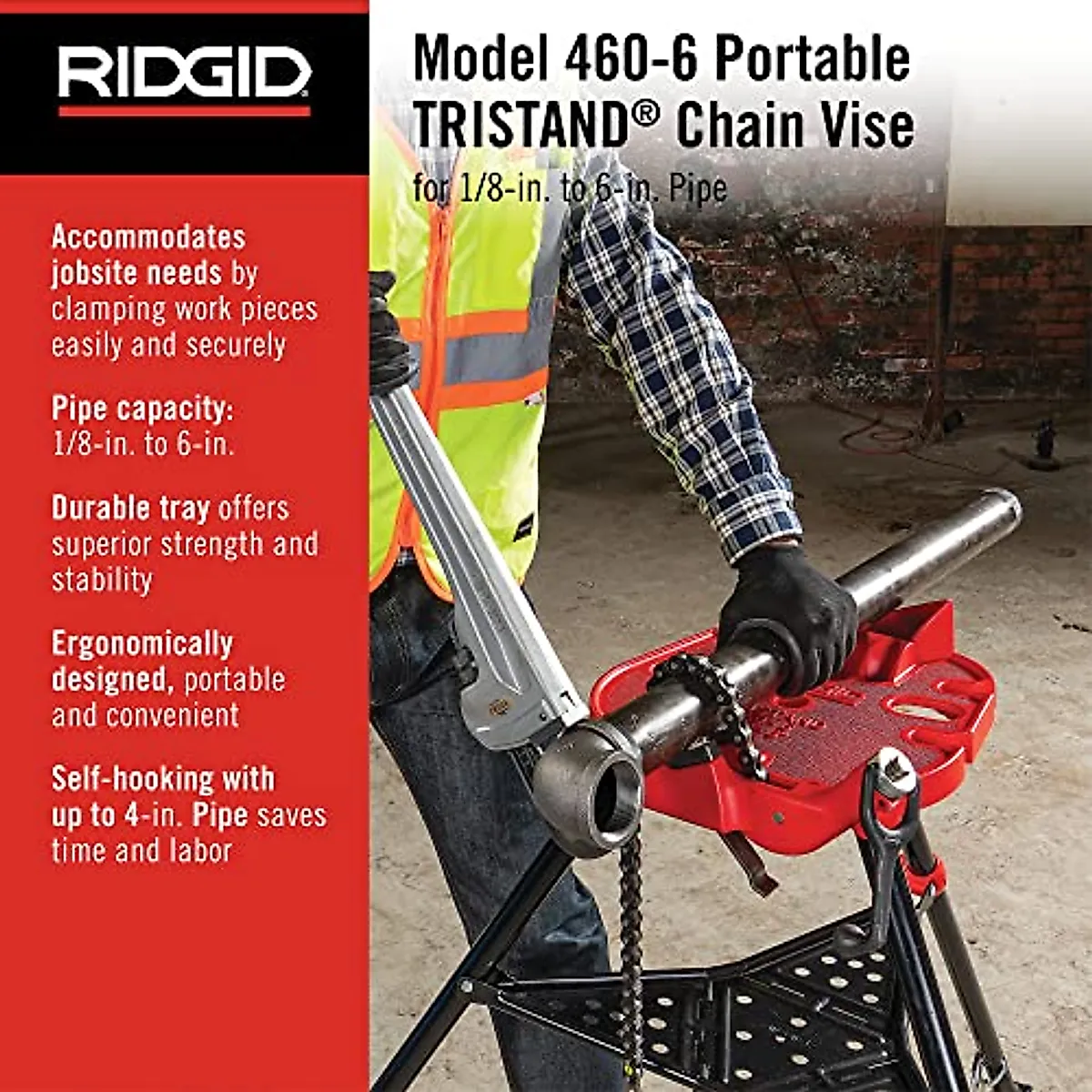 RIDGID 36273 460-6 Portable TRISTAND Chain Vise for 1/8"-6" Pipe, Red/Black