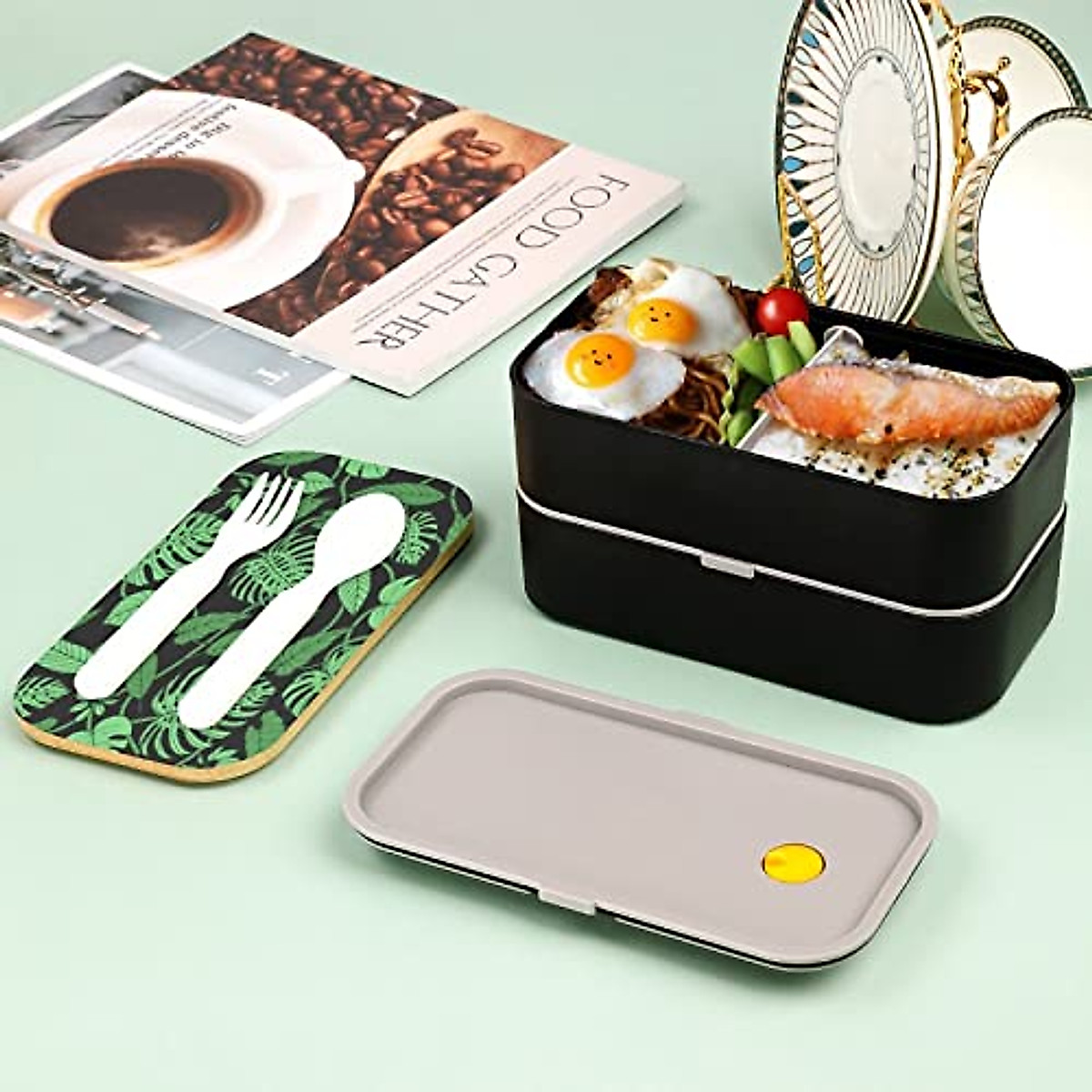 Tropical Pattern with Monstera Leaves Bento Lunch Box Leak-Proof Bento Box Food Containers with 2 Compartments for Offce Work Picnic Black-Style