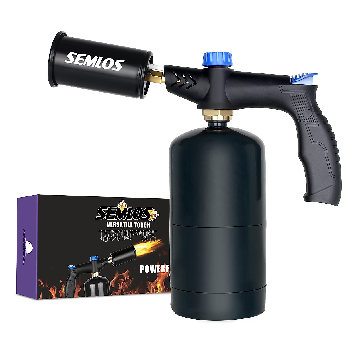 SemLos Powerful Cooking Propane Torch - Adjustable Flame - Sous Vide - Flamethrower Gun for BBQ Searing Steak, Creme Brulee, Campfire Charcoal Starter(Propane Tank Not Included)