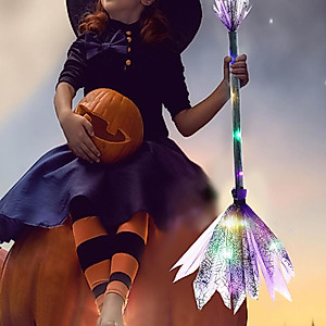 Halloween Witch Broom with LED Light, Witch Broomstick Light Up Witch Broom Decor Cosplay Props Costume Accessories (Purple)