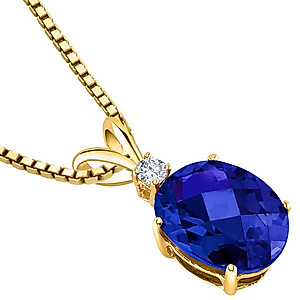 PEORA 14K Yellow Gold 3.50 Carats Created Blue Sapphire with Genuine Diamond Pendant, Elegant Solitaire, Oval Shape, 10x8mm