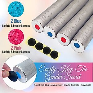 Santiago Design | Gender Reveal Confetti Cannon Poppers - Set of 4 (2 Blue 2 Pink) - 100% Biodegradable Confetti Tissue & Safe Powder Smoke - Baby Boy Girl Gender Reveal Party Supplies