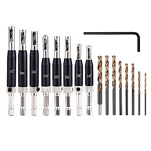 17 PCS Hinge Drill Bit Set, HSS Self Centering Drill Bits High Speed Hinge Tapper Core Drill Bit Set with Hex Key and Replacement Drill Bits for Wood Door Window Cabinet Woodworking