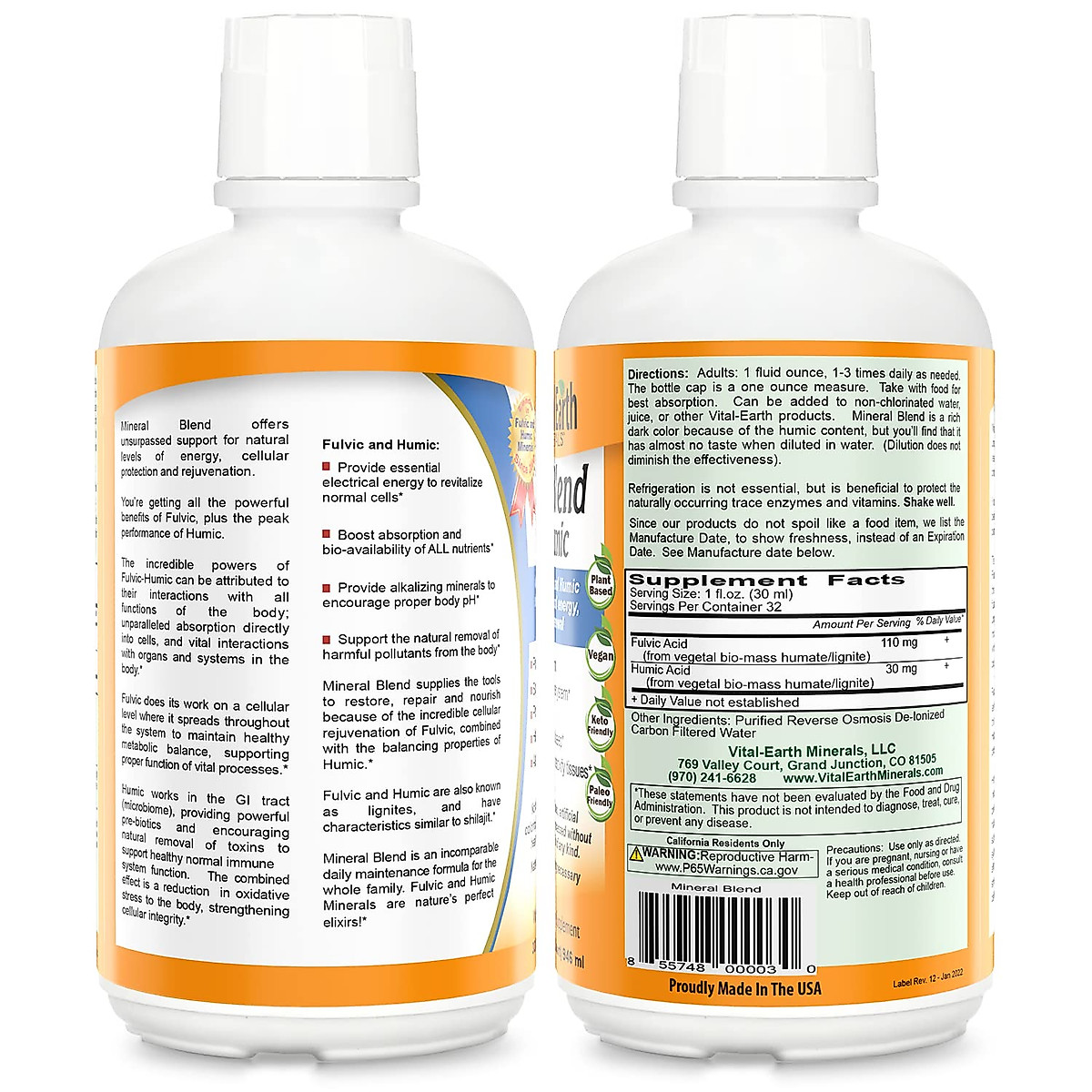 Vital Earth Minerals Fulvic Humic Mineral Blend Liquid 2-Pack – Fulvic Acid Supplement with 70+ Trace Minerals, Electrolytes for Recovery, Balance & Energy, 32 Oz Ea + 1 Oz Cup Ea