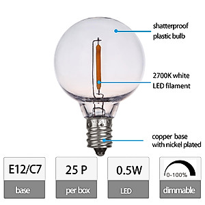 NIOSTA G40 Replacement Bulbs for Outdoor String Lights, 2700K Warm White and E12/C7 Base, 0.5W LED=5W Incandescent Bulbs, Shatterproof & Waterproof Globe Bulbs(25 Pack)