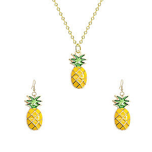 Tropical 2pcs Yellow Ruit Green Leaf Pineapple Earings Pendant Necklace Suit for Women Fashion Dangle Earings Jewellery (Pineapple Earring Necklace Set 1)