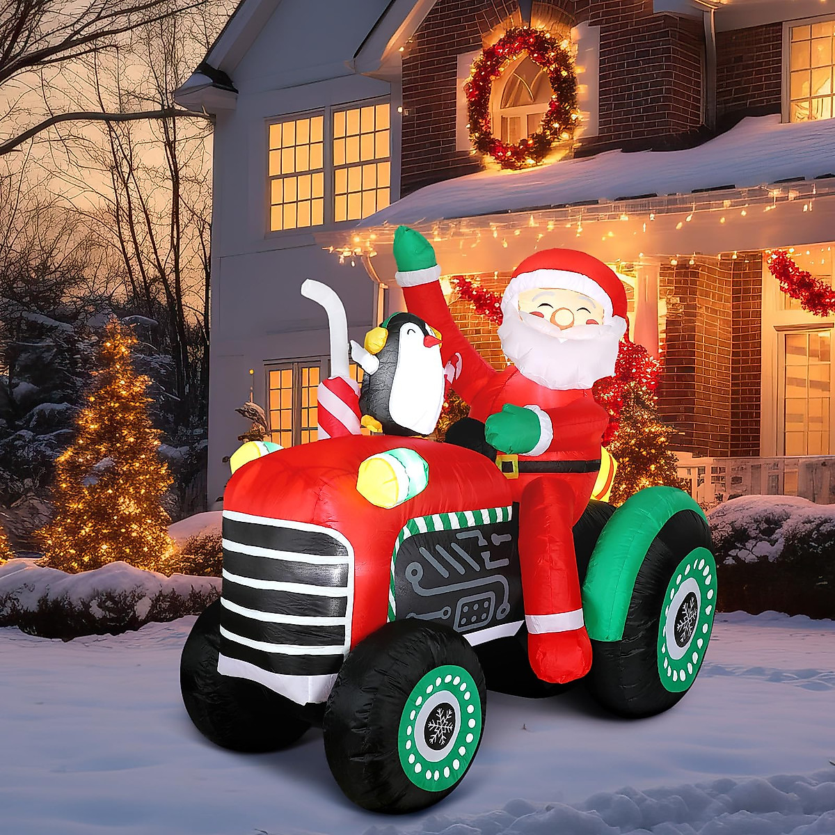 Retisee 5 Feet Tall Christmas Inflatable Santa Claus Drive Tractor with Penguin LED Holiday Outdoor Blow up Yard Decorations with Lights for Christmas Party Indoor Family Garden Lawn Decor