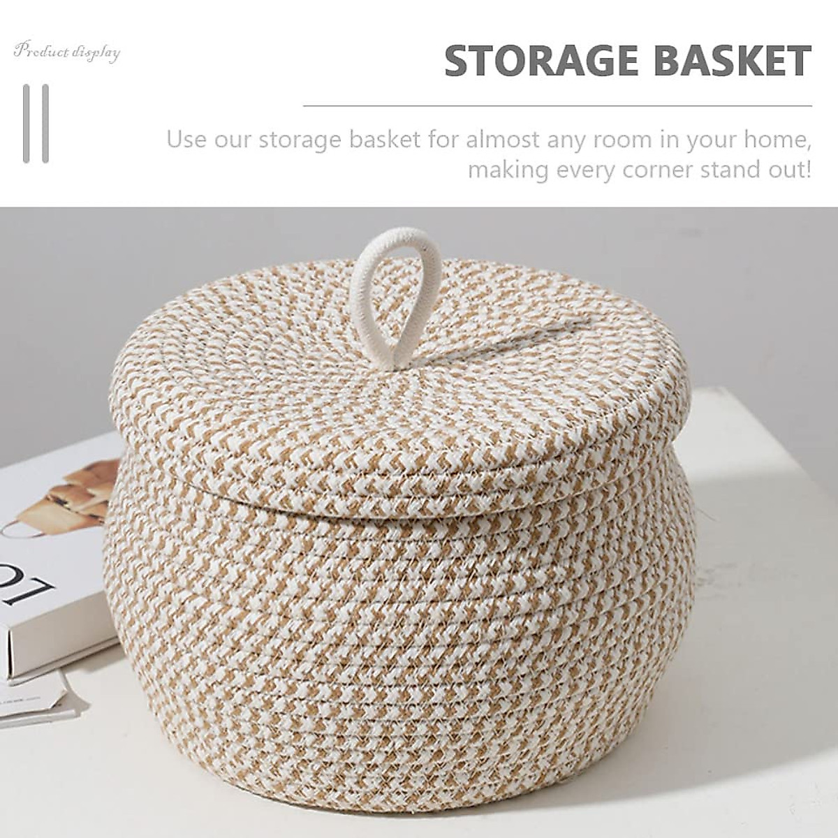 MARURY Round Basket with Lid for Storage, Decorative Basket Cotton Rope Woven Basket with Lid Living Room Bedroom Basket