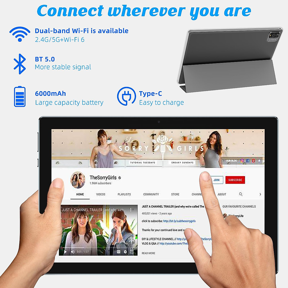 10 Inch Android Tablet, 2 in 1 Tablet with Keyboard 6GB + 128GB 10.1'' Tablets, 5G WiFi 6, BT 5.0, 1.8Ghz CPU Tableta PC, 8MP Camera, 6000mAh, Comptuer Tablet include Case Mouse Stylus Film, Black