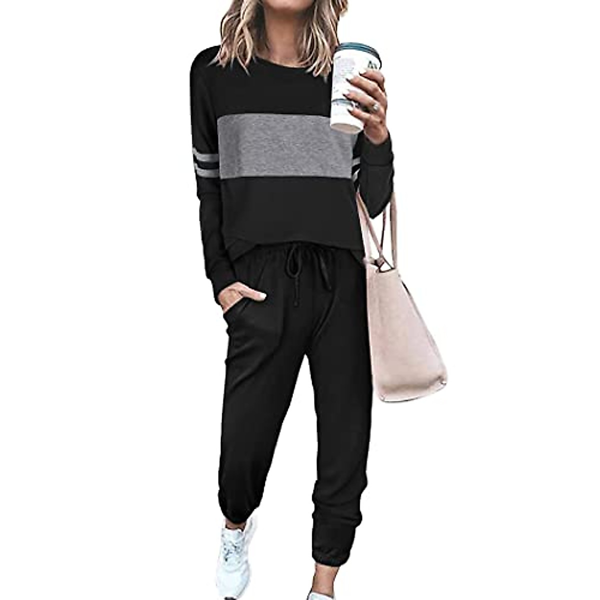 PRETTYGARDEN Women's Color Block 2 Piece Tracksuit Crewneck Long Sleeve Tops Long Sweatpants Outfits Lounge Sets(Black,Small)