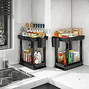 Expandable Under Sink Organizer and Storage 2 Pack, 2 Tier Pull Out Sliding Under Bathroom Cabinet Storage Organizers with Hanging Cups for Bathroom, Kitchen Multi-Purpose, Adjustable Height & Width