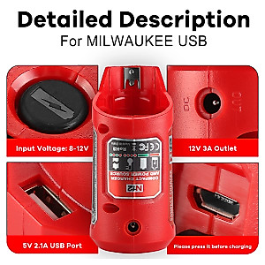 DONGPUCUN M12 Power Source Replacement for Milwaukee 12V Battery with with 2.1A Wall Plug, USB Port & DC 12V Outlet Portable Heated Jacket Battery Adapter for Milwaukee
