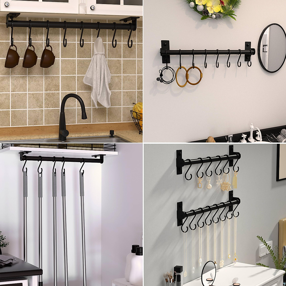 Dseap Pot Rack - Pots and Pans Hanging Rack Rail with 8 Hooks, Pot Hangers for Kitchen, Wall Mounted, Black