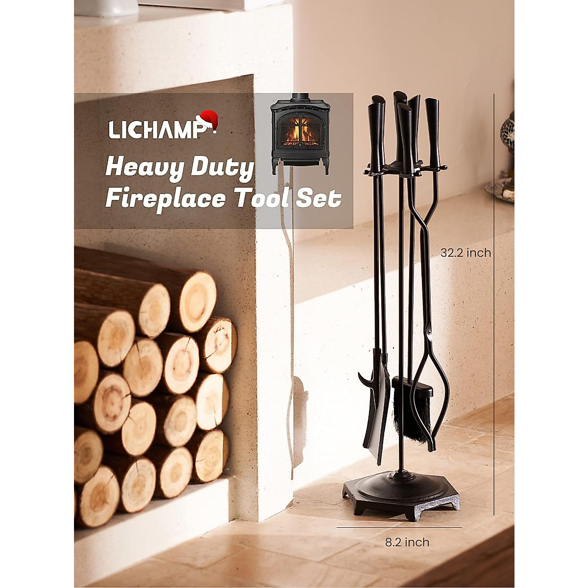 Lichamp Fireplace Tools Set, 5-Pieces Indoor Outdoor Sturdy Fire Place Poker Sets with Modern Handle, FTS15BK