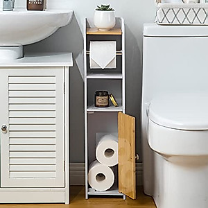 AOJEZOR Bathroom Storage Cabinet,with Toilet Paper Holder Storage Stand,Set of 2-White & Bamboo Small Bathroom Cabinet Fit for Toilet Paper Storage,Waterproof Toilet Cabinet Perfect for Small Space