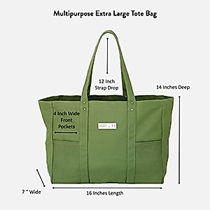 Harp and Ra Forest Green Tote Bag - Utility Tote with 2 Front Pockets and Laptop Sleeve, Teacher Bag in 16 Oz. Organic Cotton, Jumbo Book Bag for Nurses, School, Work, Diapers, Tote Bag