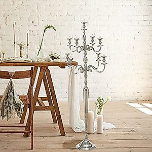 Whole House Worlds Hamptons Tall Nine Candle Silver Candelabra, Handcrafted of Silver Aluminum Nickel, 6 Feet Tall (71 Inches Tall -180 cm) for 9 Candles cm. Aluminium. Freestanding