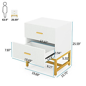 Tribesigns 2-Drawer Nightstand Set of 2, Modern Striped Night Stands Bed Side Table with Storage, White and Gold End Table Wood Metal Side Table for Living Room, Bedroom