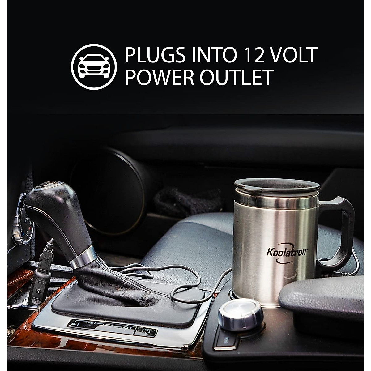 Koolatron 12V USB Insulated Travel Mug with Heater, 500 mL (17 oz), Silver and Black Stainless Steel for Car, SUV, Truck, Office, Home, Dorm
