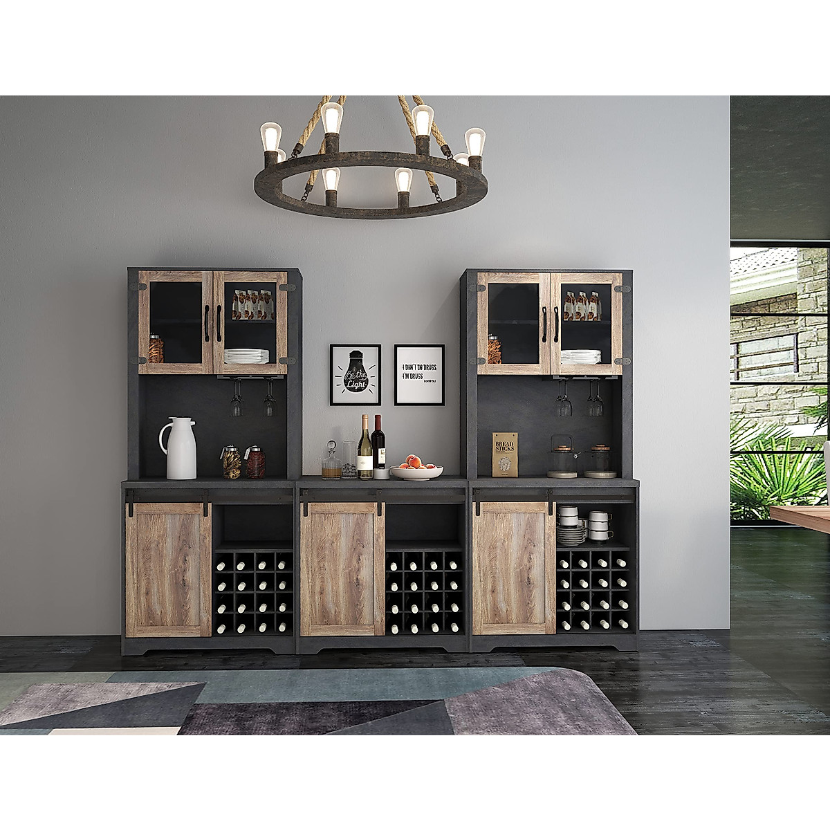 Tiophome Bar Cabinet for Liquor & Glasses, Stemware Holder & Sliding Barn Doors & 7 Storage Shelves & 16-Bottle Wine Rack, Farmhouse Wooden Coffee Sideboard Buffet Tall Freestanding Cabinets Pantry