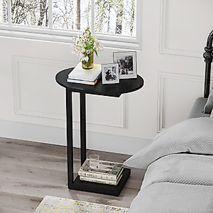 Hosfais Small Side Table End Table, C-Shaped Wood Coffee Table TV Tray for Eating Couch Tables for Small Space, Living Room, (Black)
