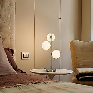 Fulesi Mid Century Globe Table Lamp Modern 3 Lights Gold Desk Lamp Contemporary White Glass Globe Reading Lamp for Bedroom Living Room Study Room (White)