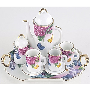 Miniature Collectible BUTTERFLIES & FLOWERS Porcelain Tea Set: Teapot, Sugar Bowl, Creamer, 2 Teacups, Serving Platter