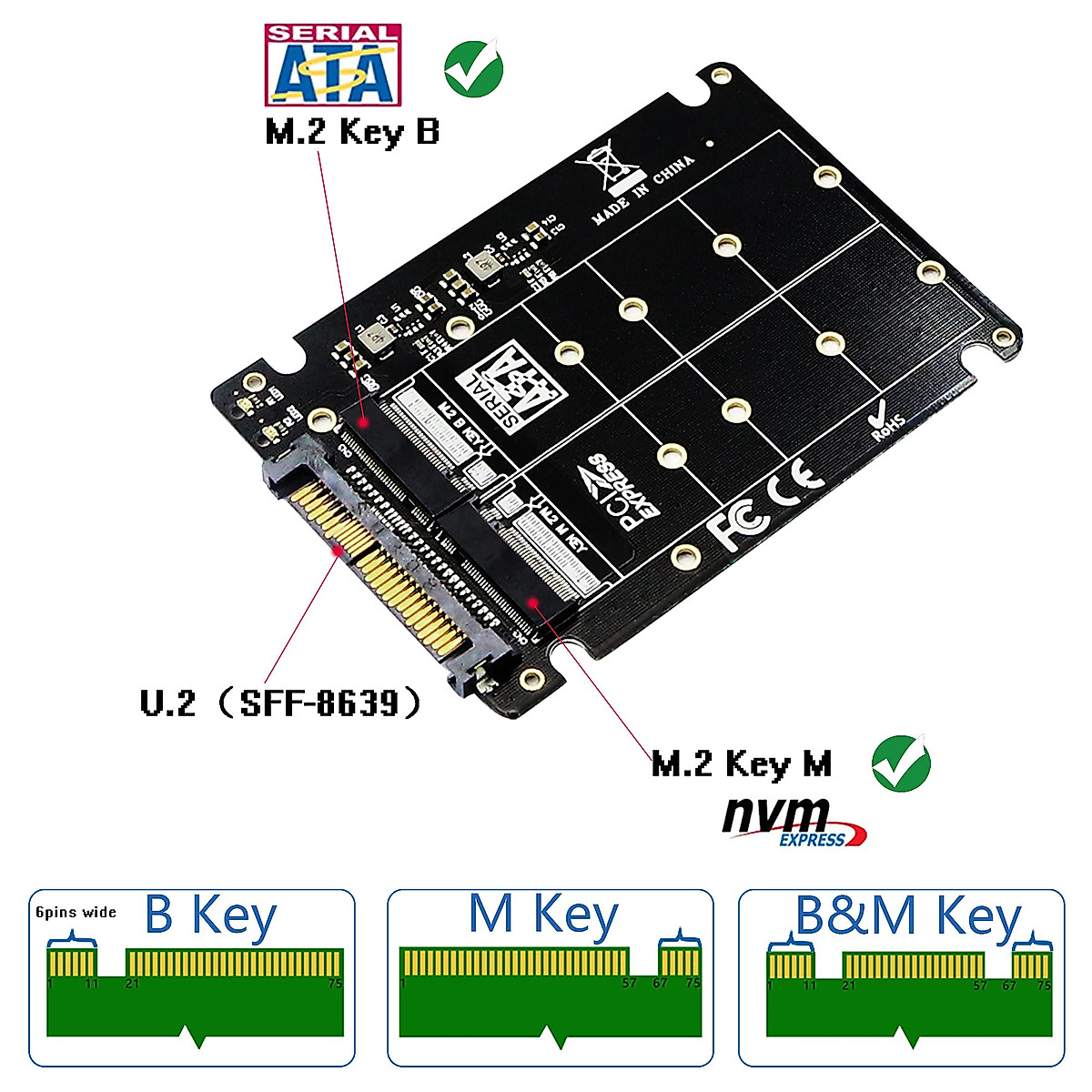 CERRXIAN SFF-8639 NVME U.2 to NGFF M.2 M Key & B Key SSD Adapter for 2280 2260 2242 2230 SSD (Not SATA Interface)