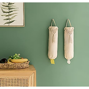 Mkono 2 Pack Small Plastic Bag Holder with Macrame Decor Boho Grocery Trash Bag Storage Dispenser Hanging Bags Organizer for Kitchen Bathroom Bedroom Living Room Office, Ivory, 6.3”W x 15.7”L