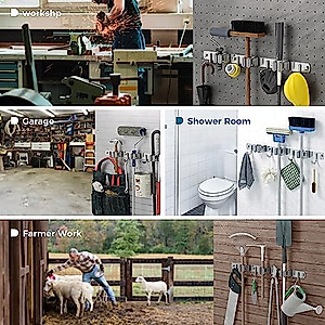 Damita Broom Holder Wall Mount, 3 Racks 4 Hooks Mop Hanger Wall Mount for Kitchen Garage Garden Metal Tool Organization - 304 Stainless Steel Non-slip Broom Organizer Wall Mount (1 Pack, Silver)