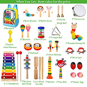 Toddler Musical Instruments Set, 32 PCS 19 Kinds Wooden Percussion Instruments Toys for Kids Playing Preschool Education, Early Learning Baby Musical Toys for Boys and Girls Gift