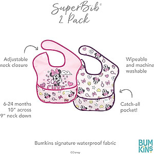 Bumkins Disney Bibs for Girl or Boy, SuperBib Baby and Toddler for 6-24 Months, Essential Must Have for Eating, Feeding, Baby Led Weaning, Mess Saving Waterproof Soft Fabric, 2-pk Minnie Mouse