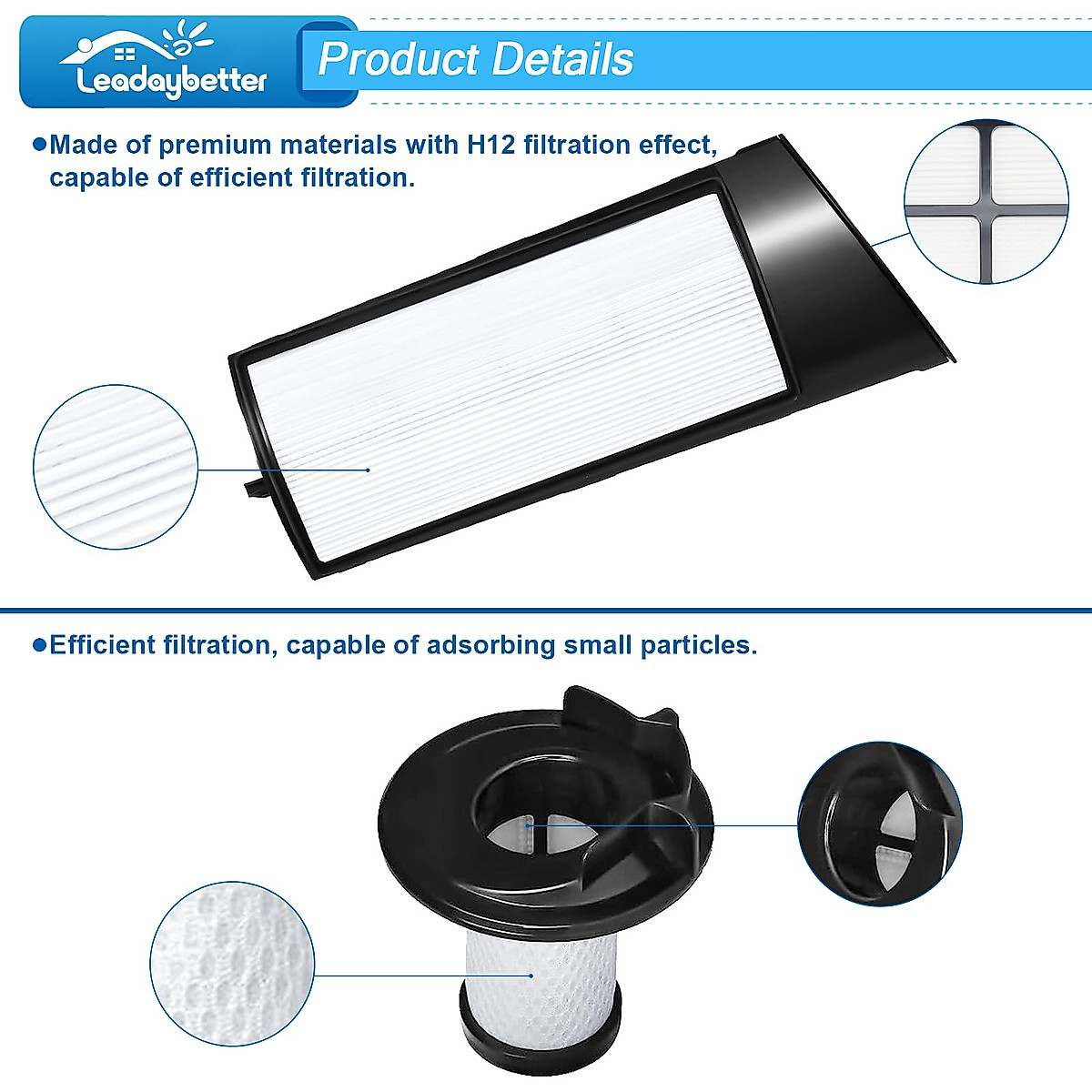 Leadaybetter ICZ362H Filter Replacement for Shark ICZ362H / IC160 / IC162 Vertex Pro Powered Lift-Away Cordless Vacuum, Part XFFK160 & XHEPA160, 4 Foam and 2 Round Filters, 1 HEPA Filter