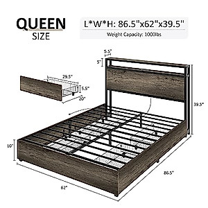AMERLIFE Queen Size Storage Bed Frame, Wooden Platform Bed with Charging Station, 4 Drawers & Headboard/No Box Spring Needed/Noise-Free/Rustic Grey