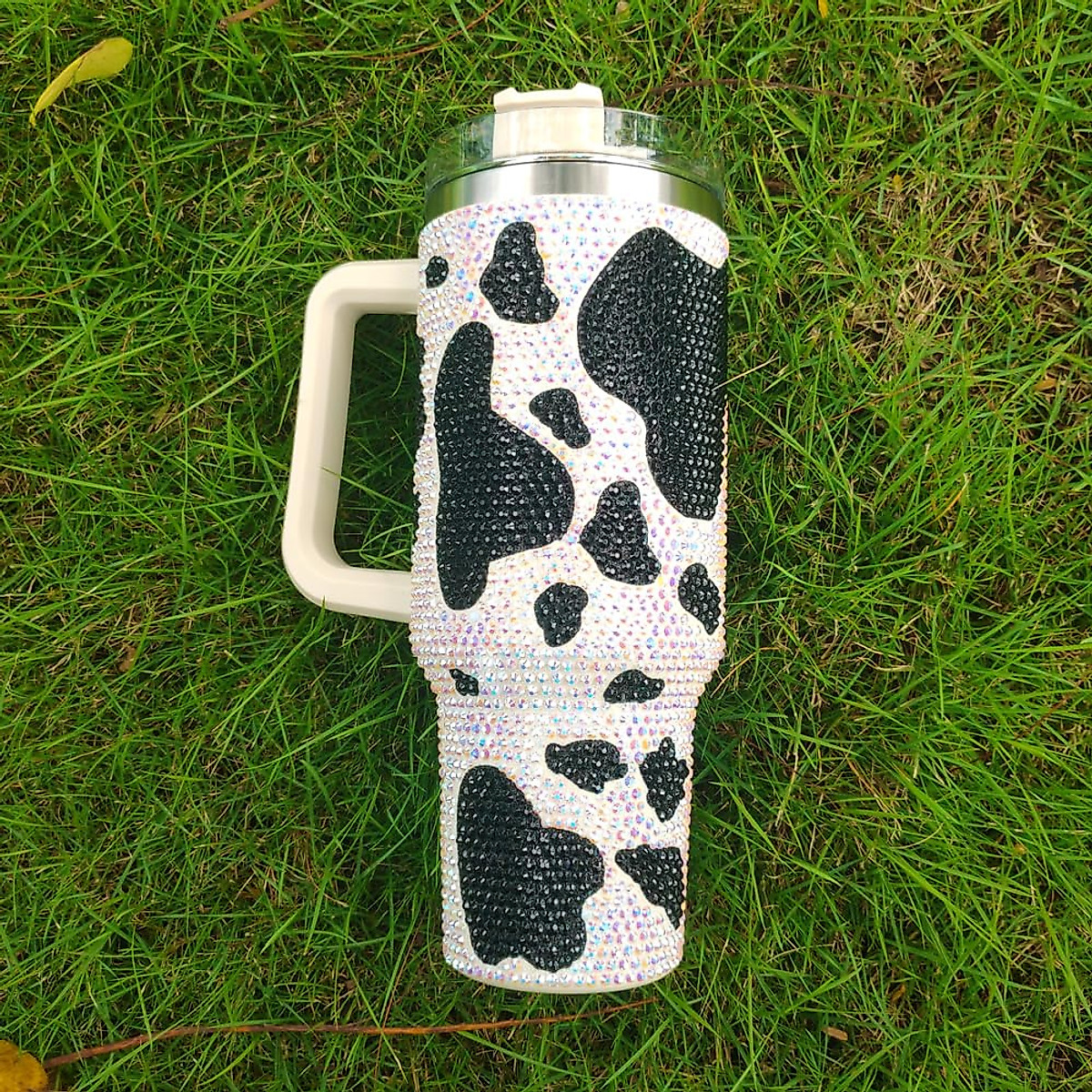 Cupcupmore 40oz Black Cow Bling Rhinestone Stainless Steel Sippy Tumbler Glitter Vacuum Insulated Water Bottle with Straw & Lid & Handle,Thermos for Hot & Cold Drinks,Car Cup Holder,Coffee