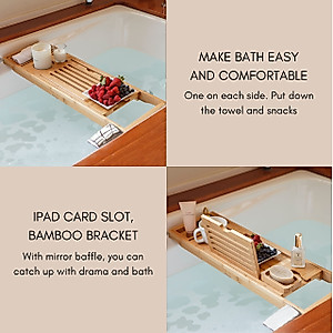 Enlux Bamboo Bathtub Tray, Expandable Premium Bath Tray for Tub Luxury Bath, with Free Cotton Towel, Soap Dish, Wine Glass Slot and Tablet Holder Waterproof Bathtub Trays for Tub Best Gift (Bamboo)