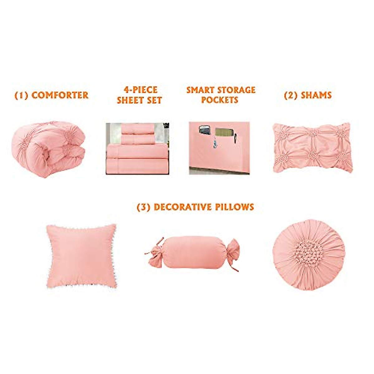 Luxurious, Softest, Coziest 10-PIECE Bed-in-a-Bag Sunflower Comforter Set, Silky Soft Complete Comforter Set Includes Bed Sheet Set with Double Sided Storage Pockets Featured, Full/Queen, Dusty Rose