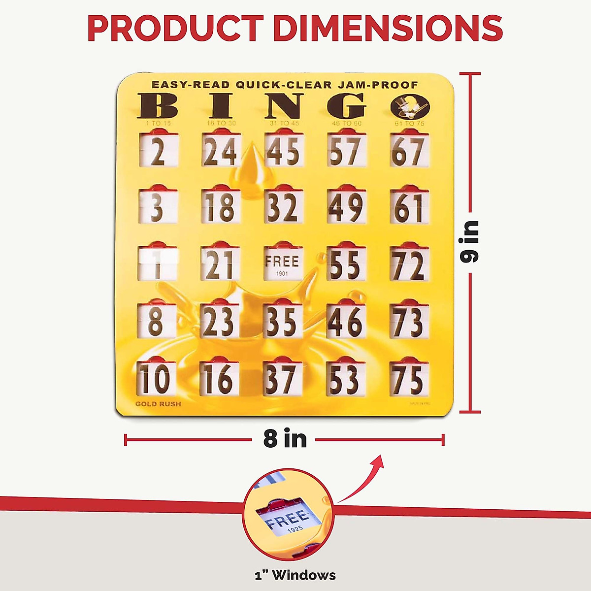 MR CHIPS Jam-Proof Easy-Read Quick-Clear Large Print Fingertip Slide Bingo Cards with Sliding Windows 25 Pack in Gold Rush Style