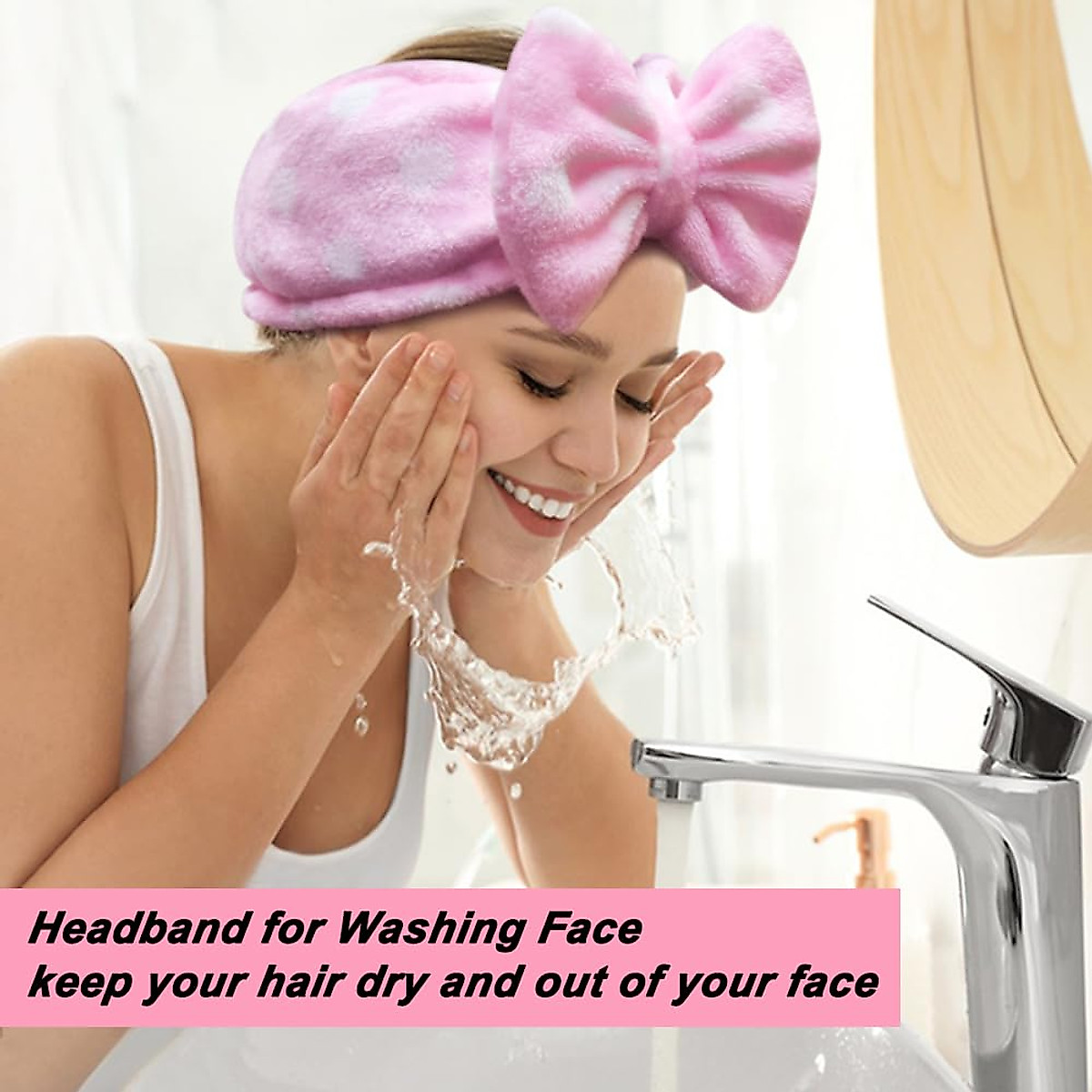 Shintop Women Fashion Lovely Soft Carol Fleece Bowknot Bow Makeup Cosmetic Shower Elastic Hair Band Hairlace Headband (pink polka dots)